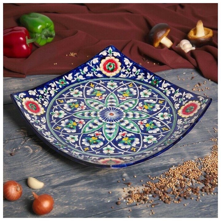 Ляган квадратный, 31 см, синий, зелёно-желтый орнамент, блюдо из керамики, узбекская посуда