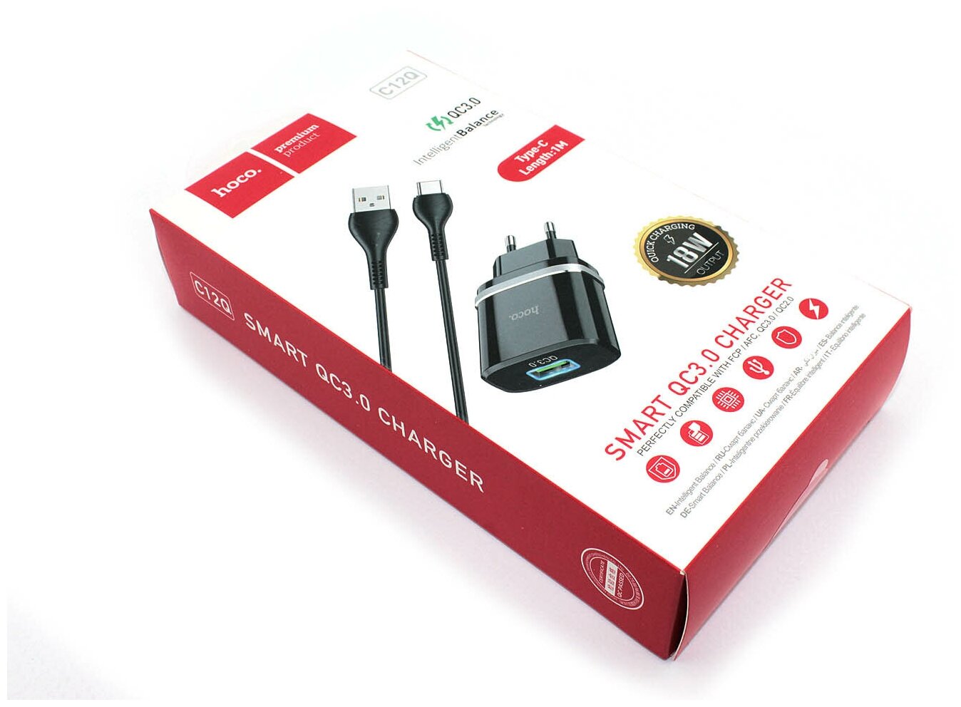 Блок питания (сетевой адаптер) Hoco С12Q Smart QC3.0, кабель Type-C-USB, 5V, 3.0A, черный