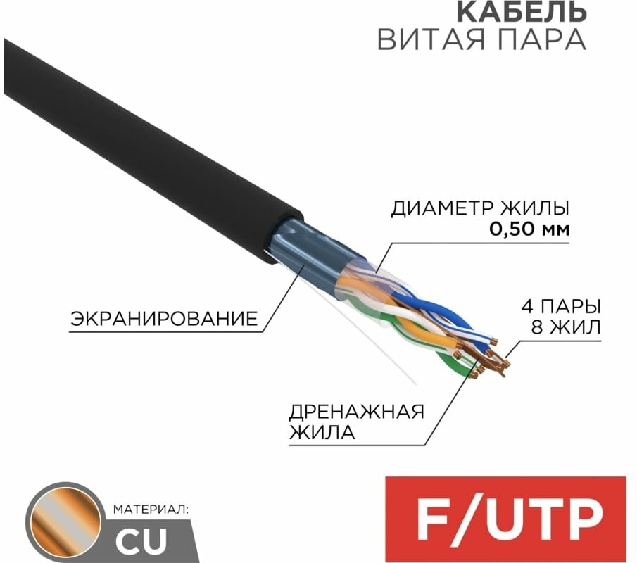 Кабель FTP 4PR 24AWG CAT5e 305м REXANT OUTDOOR 01-0146