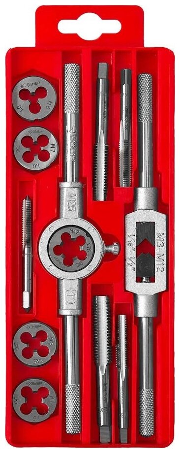 ЗУБР 12 предметов, набор метчиков и плашек в пластиковом боксе, сталь 9ХС