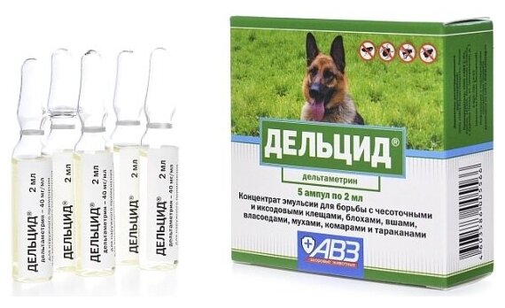 Эмульсия Авз (агроветзащита) для борьбы с эктопаразитами АВЗ Дельцид концентрат для собак, 5 ампул по 1 дозе(2мл) — фото 1