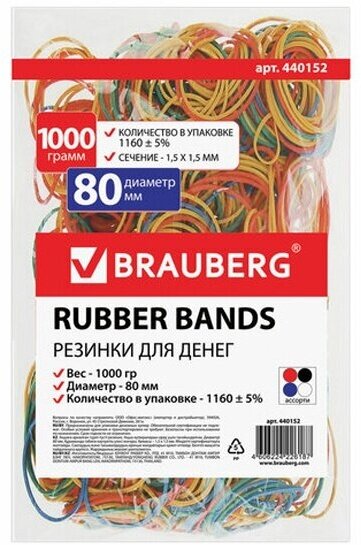Резинка банковская Brauberg универсальная диаметром 80 мм, 1000 г, цветная, натуральный каучук