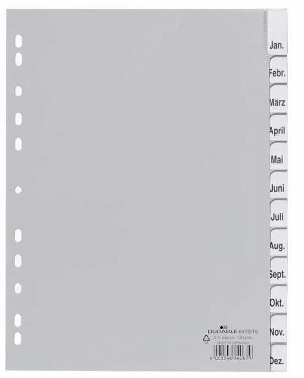 Разделитель Durable, 1-12, А4, с вставными табуляторами, на 12 разделов, перфорация, полипропилен Серый