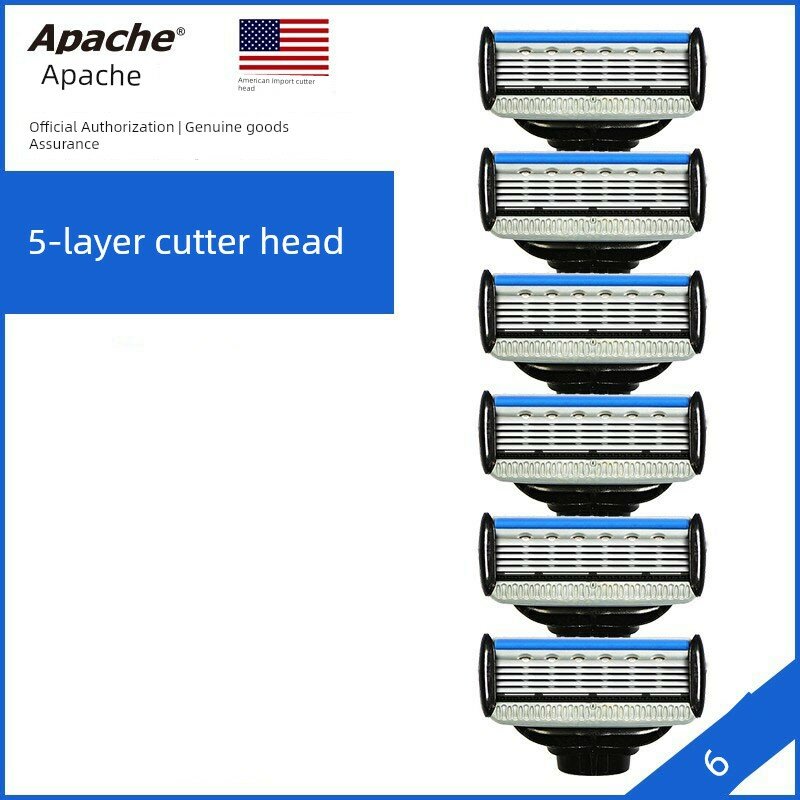 Apache 5-слойные сменные лезвия для бритья, голубые, упаковка из 6 шт, долговечное бритье, премиум технология лезвий,
