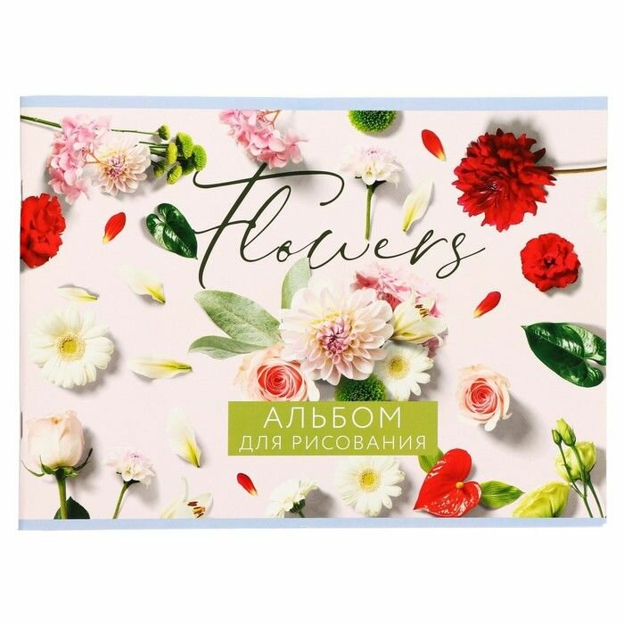 Альбом для рисования А4, 24 листа на скрепке "Цветы", обложка мелованный картон, блок 100 г/м