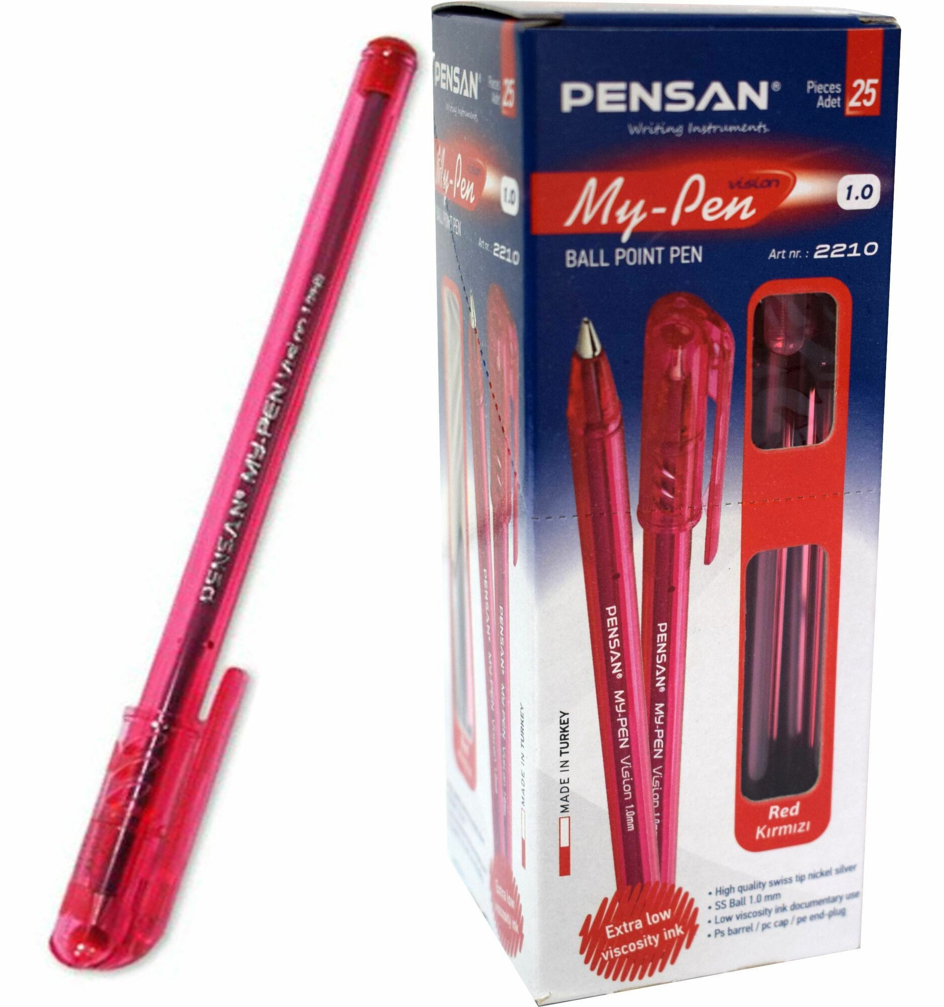 Ручка шариковая Pensan "My Pen Vision" 1.0 мм, красная, упаковка 25 шт.