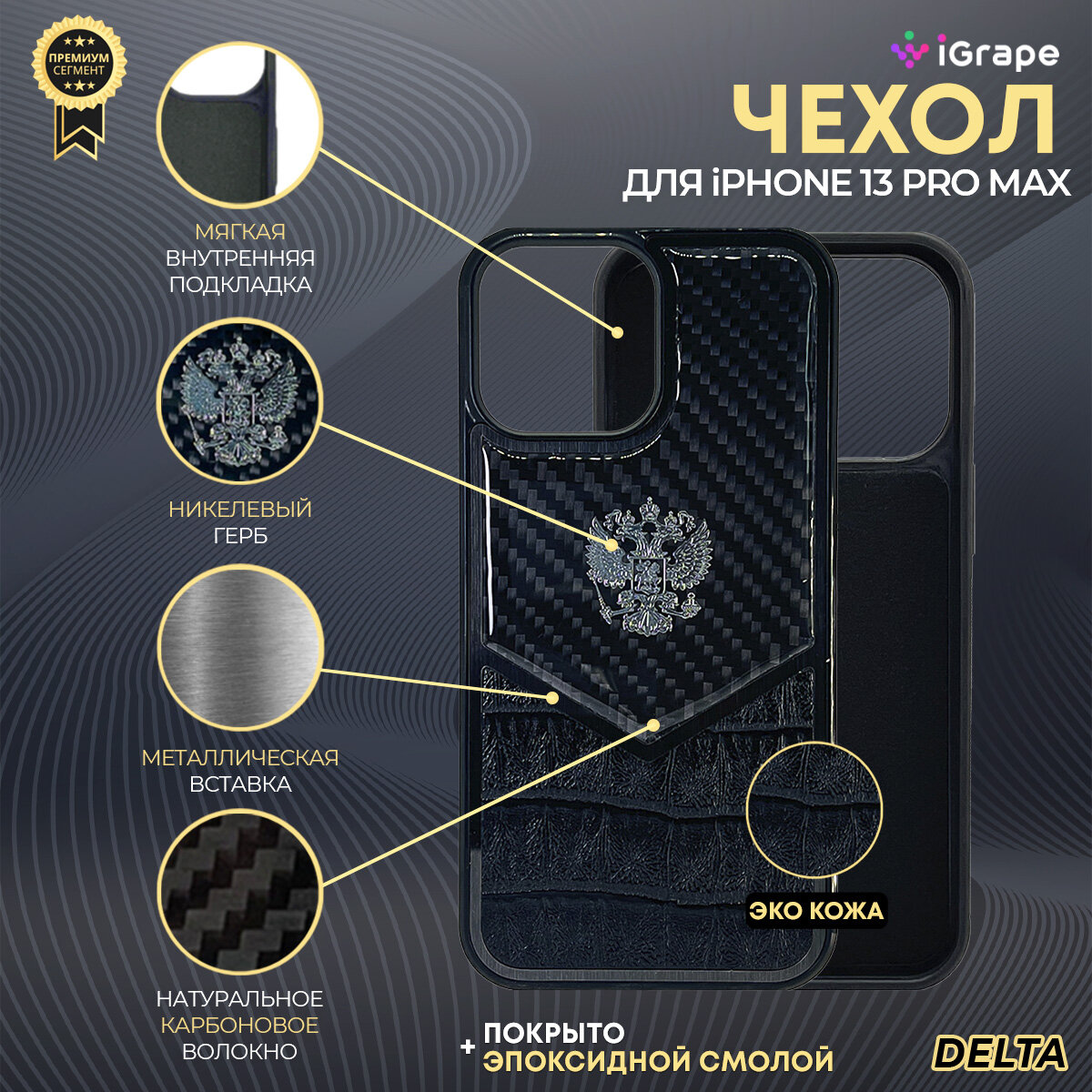Чехол с гербом РФ кожа-карбон Delta для iPhone 13 Pro Max, iGrape (Черный) / чехол на айфон 13 про макс