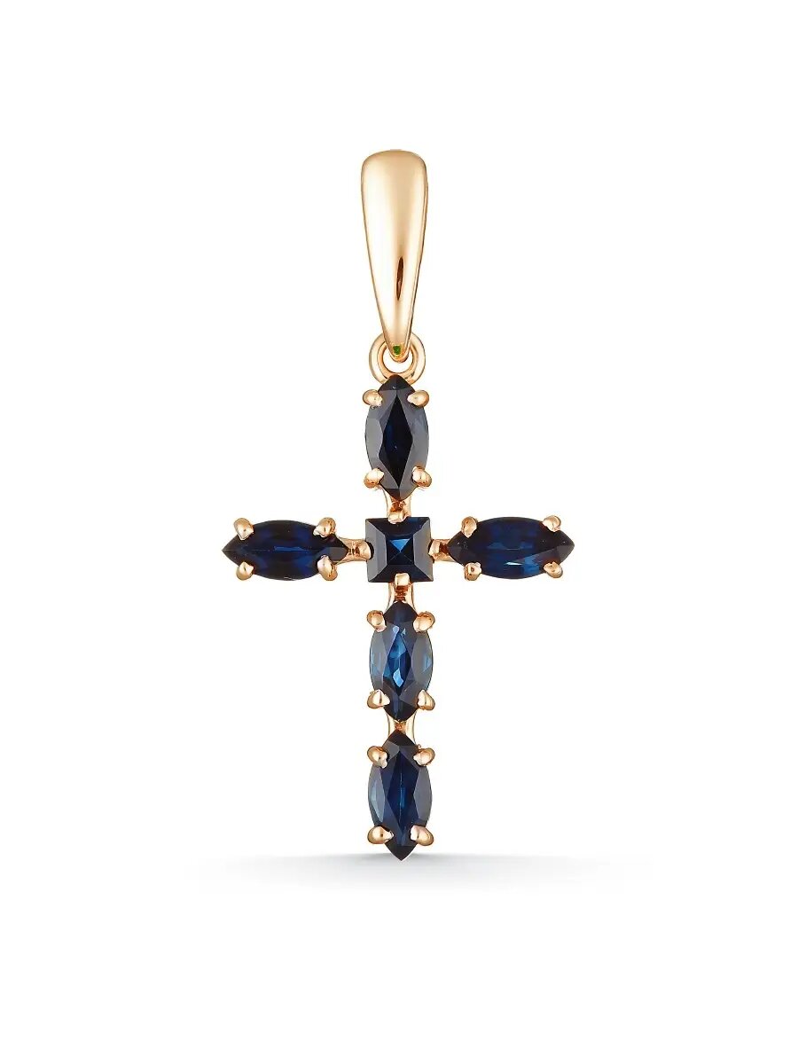 Крестик, красное золото, 585 проба, бриллиант, сапфир