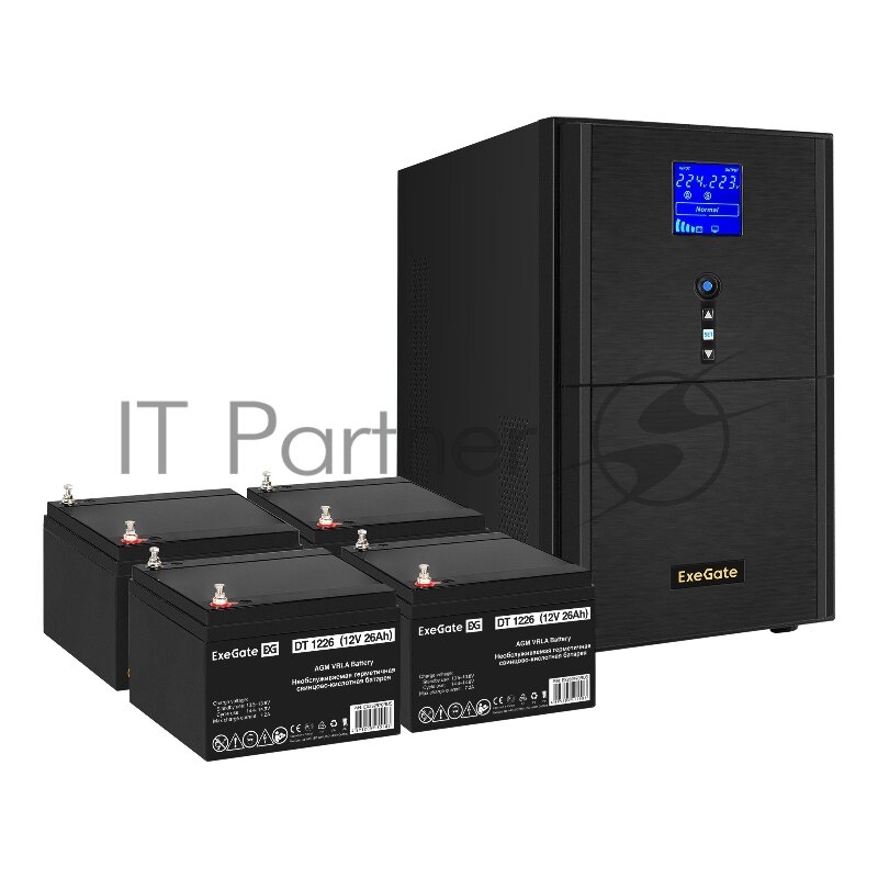 Комплект ИБП EX295991RUS + батарея 26Aч EX282970RUS 4шт (инвертор, синус, для котла) ExeGate SineTower SZ-5000. LCD. AVR.2SH.1C13. T. RJ. <5000VA/4000W, чистый синусоида, LCD дисплей, AVR, 2*Schuko+1*C13+клеммы, RJ45/11, USB, линейно-интерактивный, Bl
