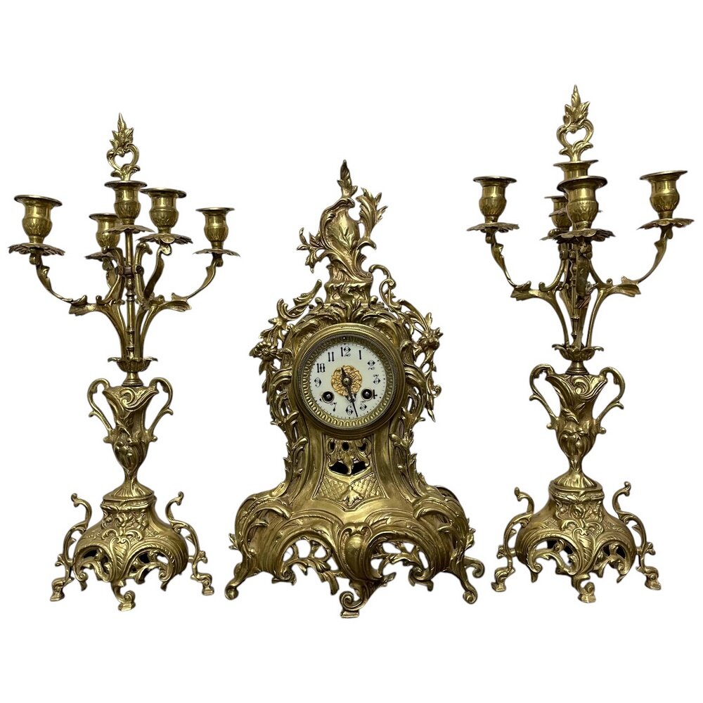 Бронзовые каминные часы с двумя канделябрами 1878 г. P. Japy & Co, Франция