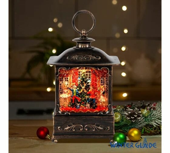 Новогодний фонарь музыкальный со снегом, светодиодная led подсветка, фонарик на батарейках и usb