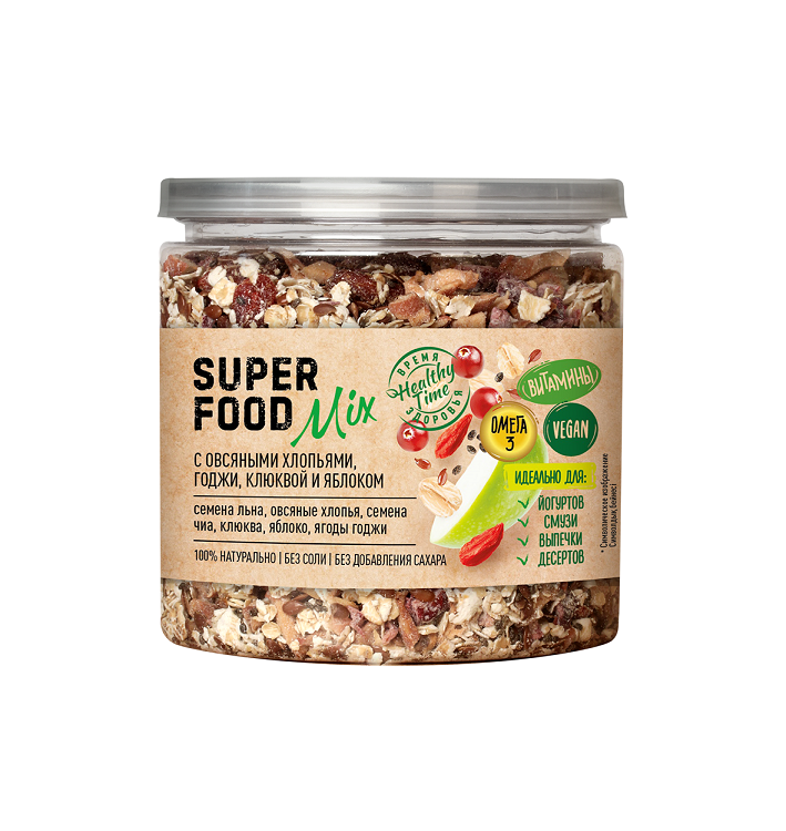 Смесь семян SUPER FOOD Mix с овсяными хлопьями, годжи, клюквой, и яблоком /пл. банка с ключом/ 250г