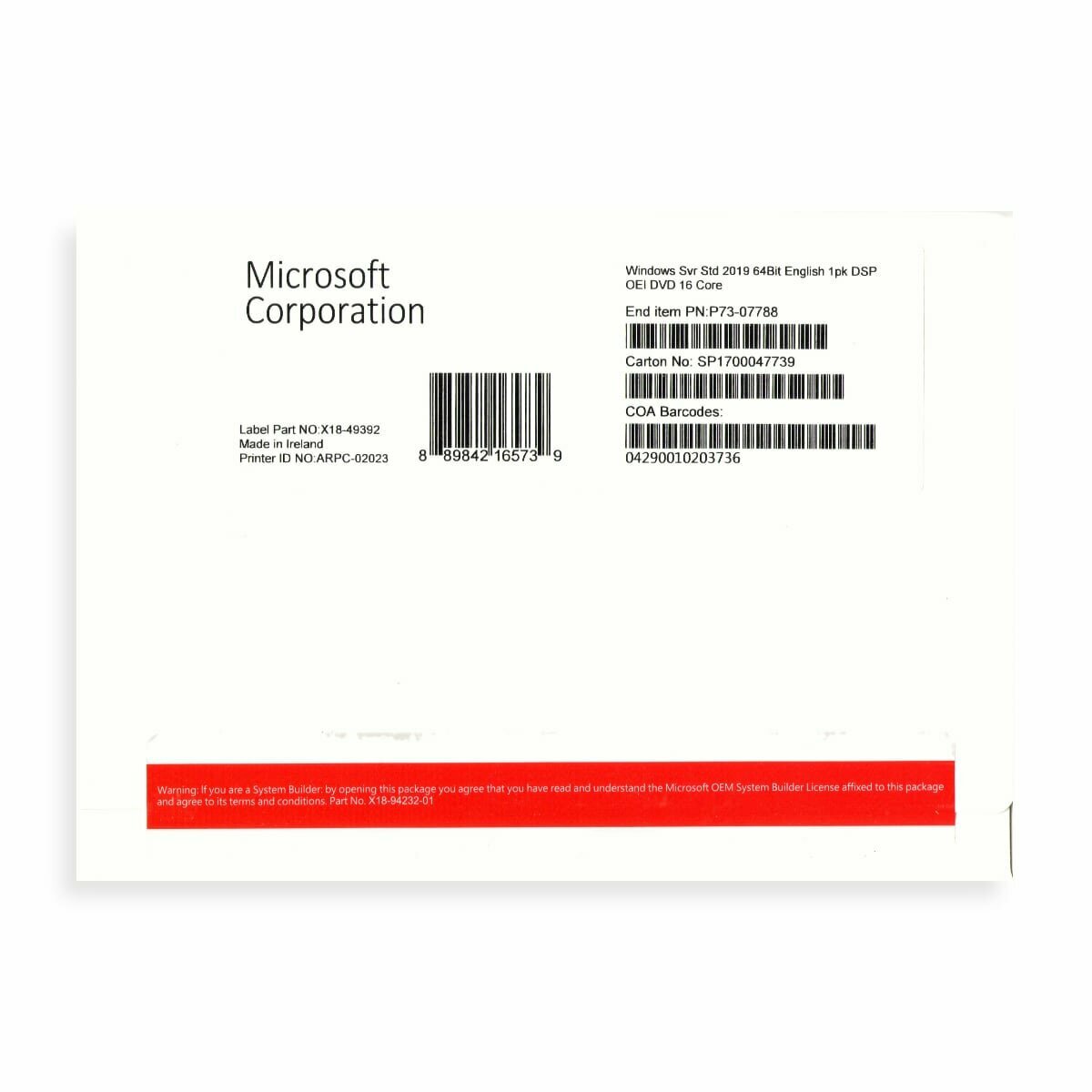 Серверная лицензия Microsoft Windows 2019, OEM, бессрочная, 16 ядер