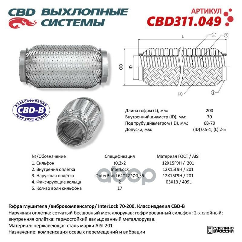 Гофра глушителя 3х-сл InterLDck 70-200 для UNIVERSAL /D=70mm L=200mm CBD CBD311.049 CBD арт. CBD311049