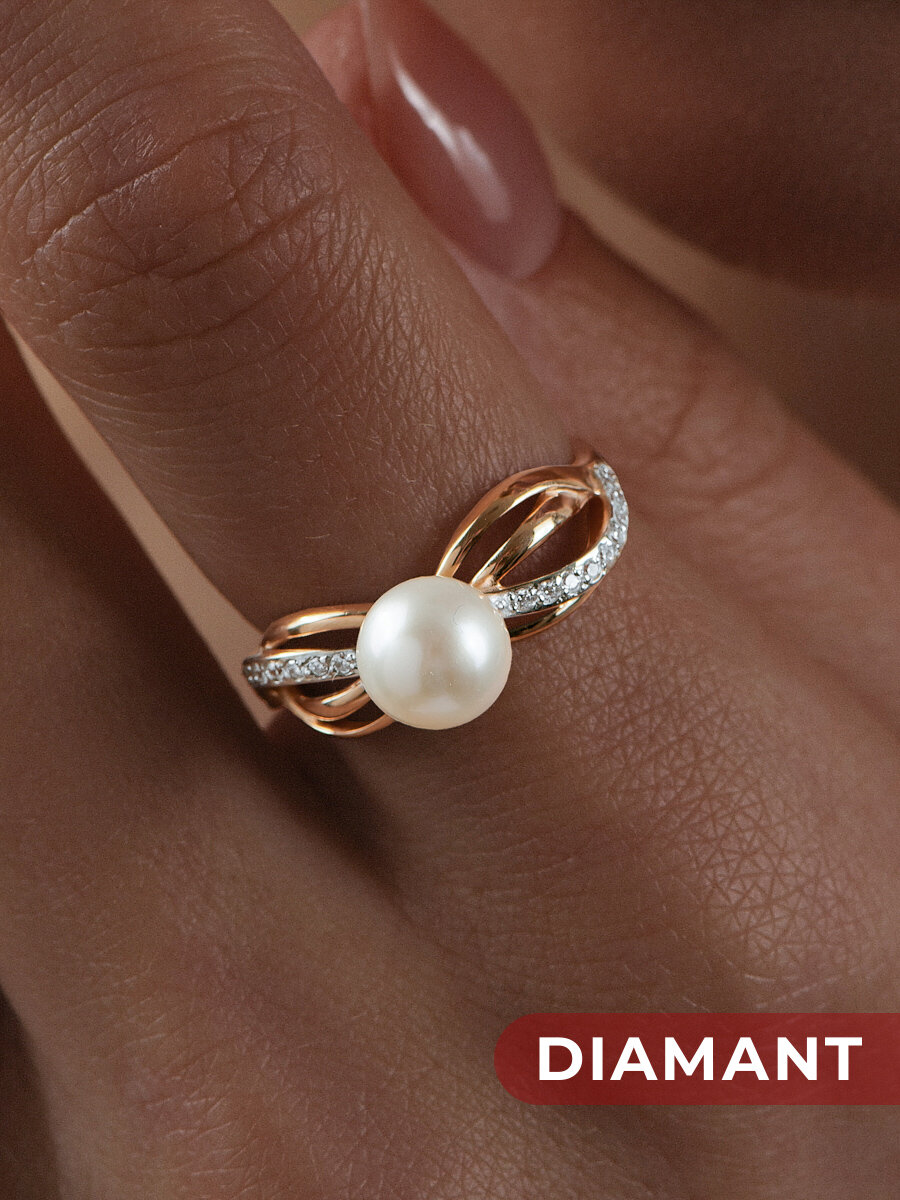 Кольцо, красное золото, 585 проба, жемчуг пресноводный культивированный, фианит