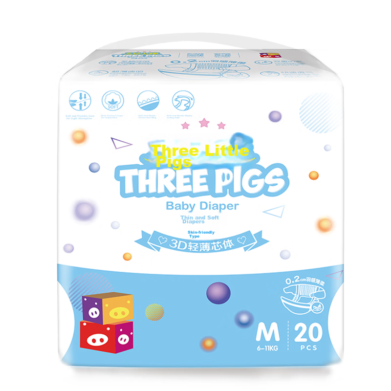Thethreepiggy 3D Thin Diapers, Size M, 20 Pieces (6-11KG)