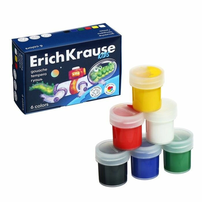 Гуашь Erich Krause 6 цветов по 20 мл, "Kids Space Animals", с УФ защитой яркости, в коробке (61408)