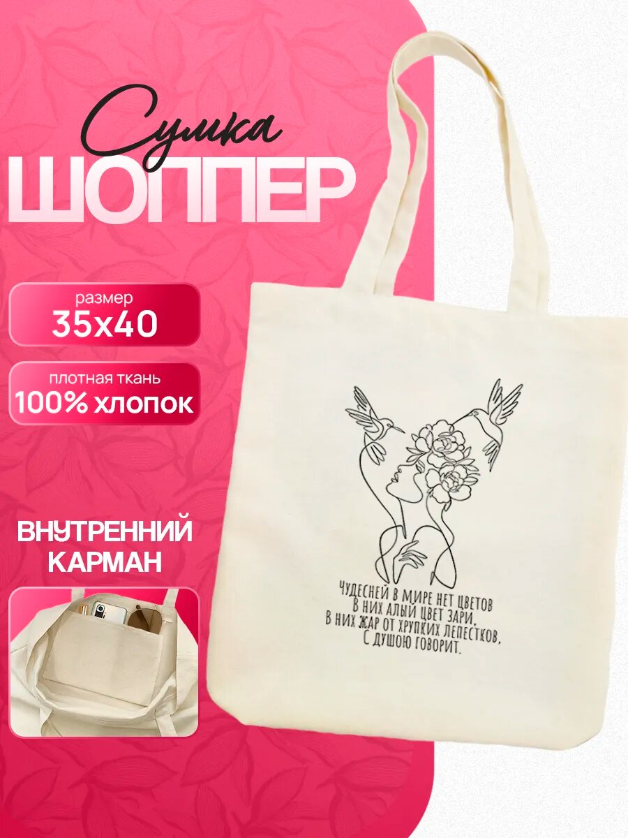 Сумка шоппер Надпись_ЧудеснейЦветов_35х40_шопперДВУНИТКА_48460_БТ