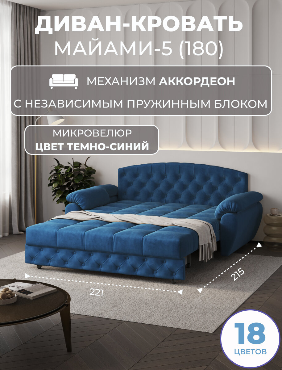 Диван кровать с независимым пружинным блоком Майами-5 (180) металлокаркас аккордеон микровелюр темно-синий Sit&Sleep