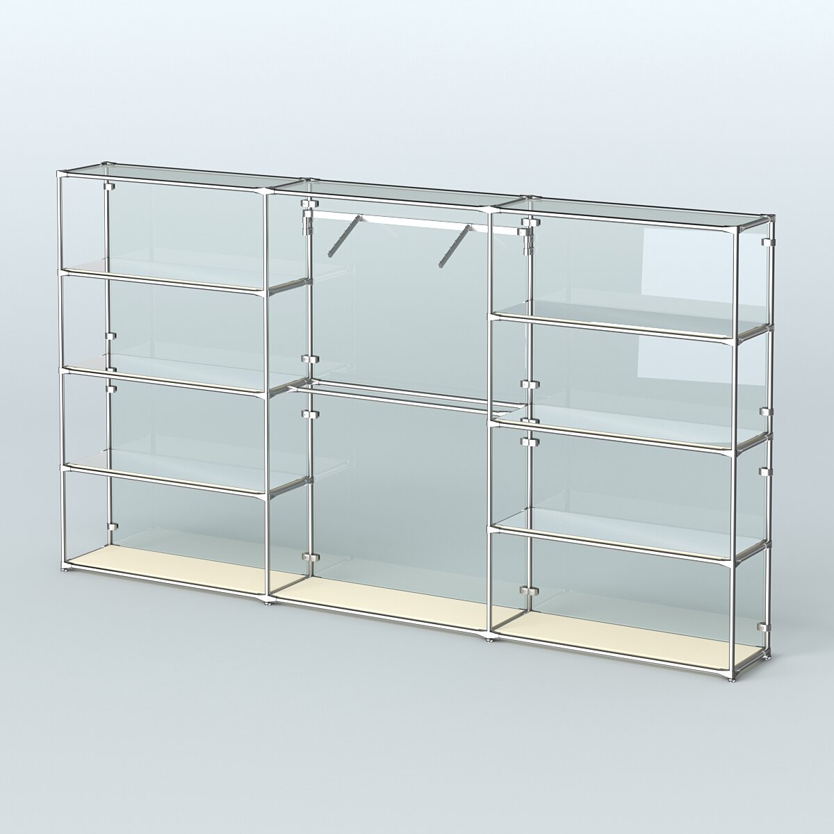 Торговая система хром (задняя стенка - стекло) 3600 мм с зеркальными полками и поручнями №9, Крем Вайс