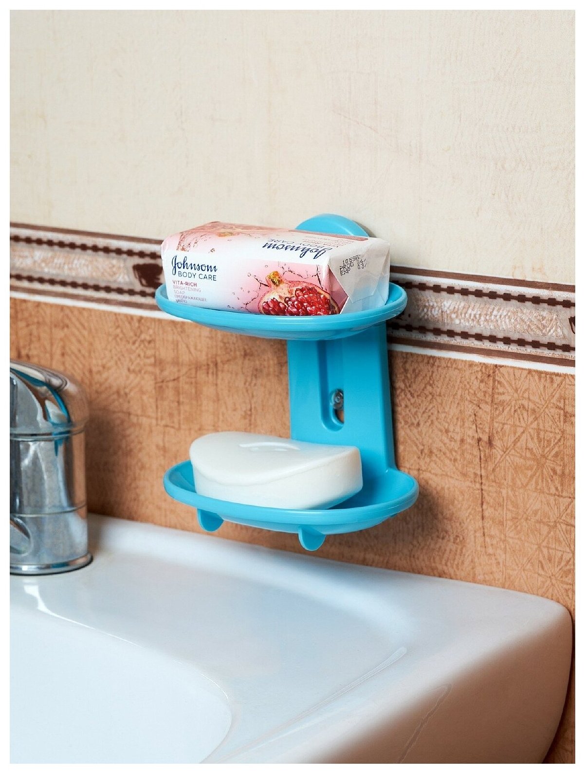 Мыльница на присосках 2 секции разъемная с ионами серебра (Ag+) и антибактериальным эффектом Sanada голубая