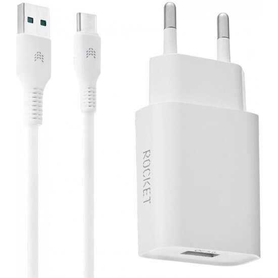 Сетевое зарядное устройство Rocket Slot Combo RWCC505WH18AC-A, 18 Вт, USB-A + кабель USB-C, белый