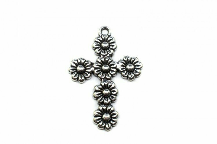Подвеска Крестик цветочный 37х26х2мм, отверстие 2мм, цвет античное серебро, сплав металлов, 22-046, 1шт