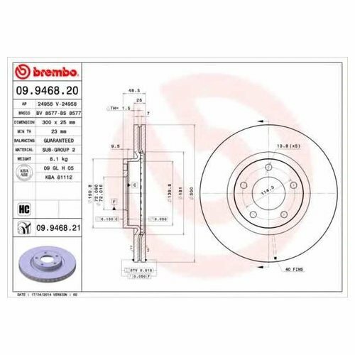 Тормозной диск передний Brembo 09946820 для Mazda 3, 5