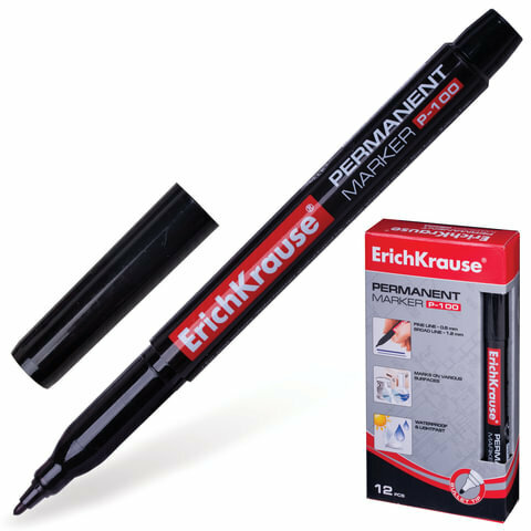 24 шт. Маркер перманентный ERICH KRAUSE "P-100", черный, круглый наконечник, 0,5-1,2 мм, 12841