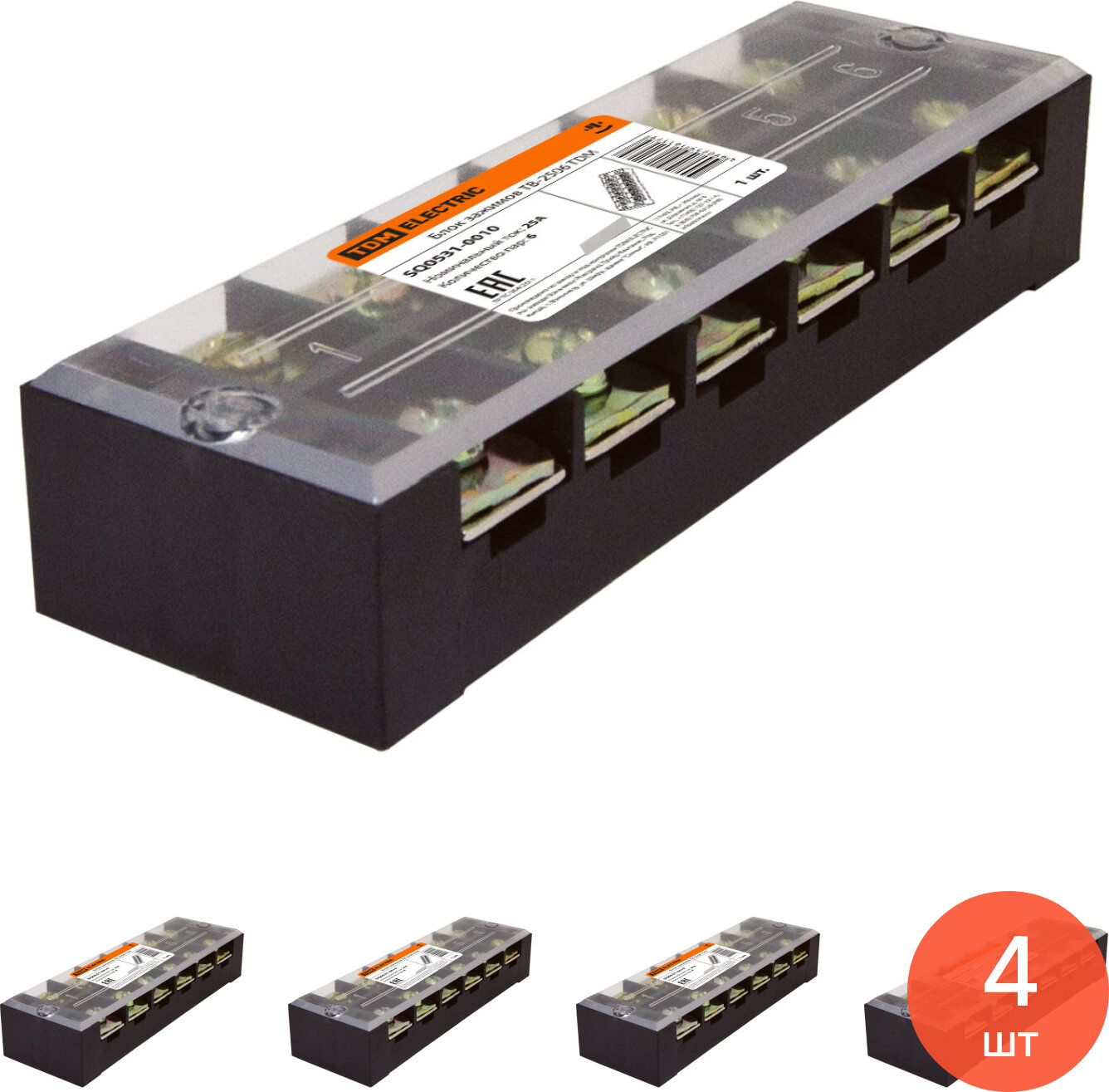 Блок зажимов TDM Electric / ТДМ Электрик ТВ-2506 колодка клеммная в корпусе из пластика черная, сечение 2.5мм2, 25А, 660В, 6 пар контактов / электрика (комплект из 4 шт)