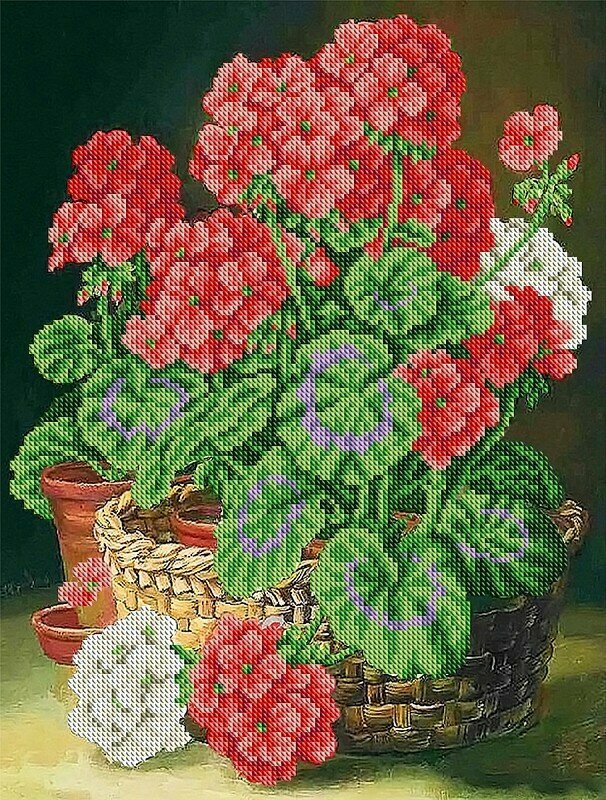 Ткань с рисунком для вышивания бисером Каролинка #ТКБЦ 3071 Герань в вазе, Вышивка бисером, 27 х 36 см (Бисер в комплект не входит.)