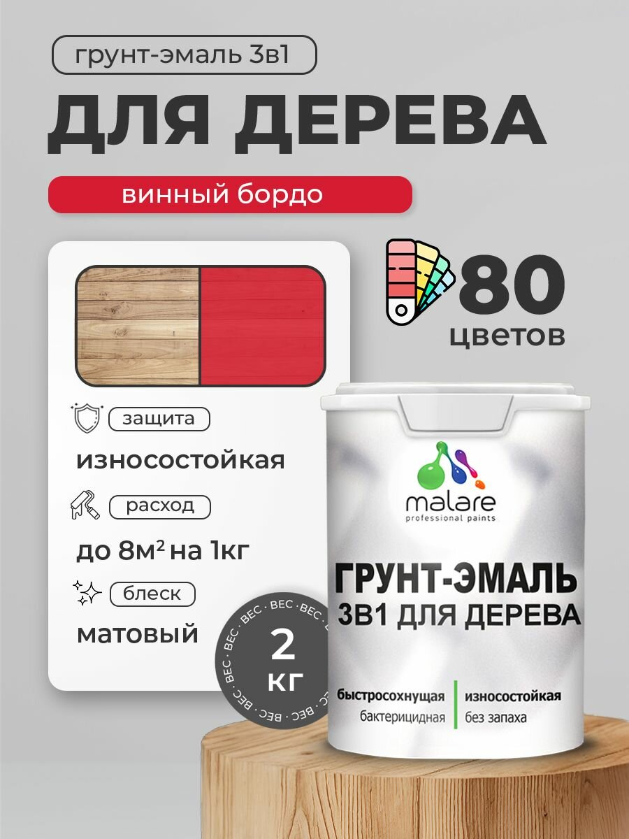 Акриловая Грунт-Эмаль 3 в 1 Malare для деревянных поверхностей/ краска по дереву с антисептическим эффектом/ быстросохнущая моющаяся без запаха матовая, винный бордо, 2 кг