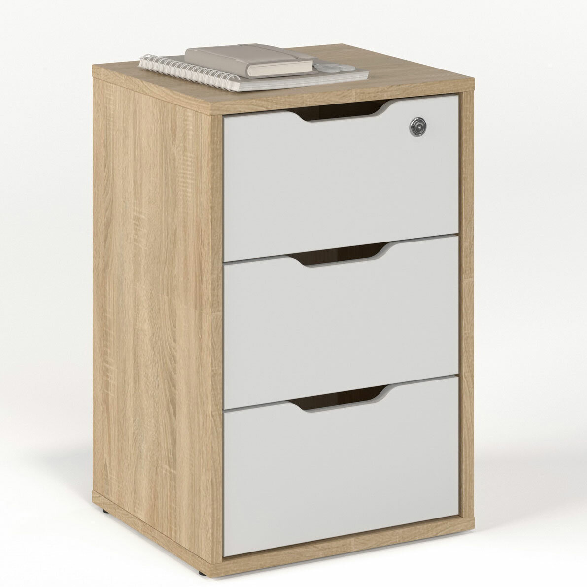 Прикроватная тумба, Мини-комод, Комод с 3 ящиками, Офисный комод с замком МагМебель Б-02 дуб сонома + белый