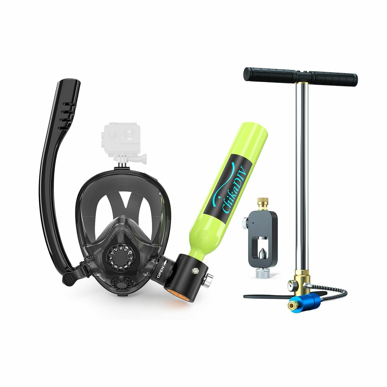 CHIKADIV 0.5L маска для дайвинга с баллоном, С насосом и адаптером для подводного плавания, можно исследовать под водой до 10 минут