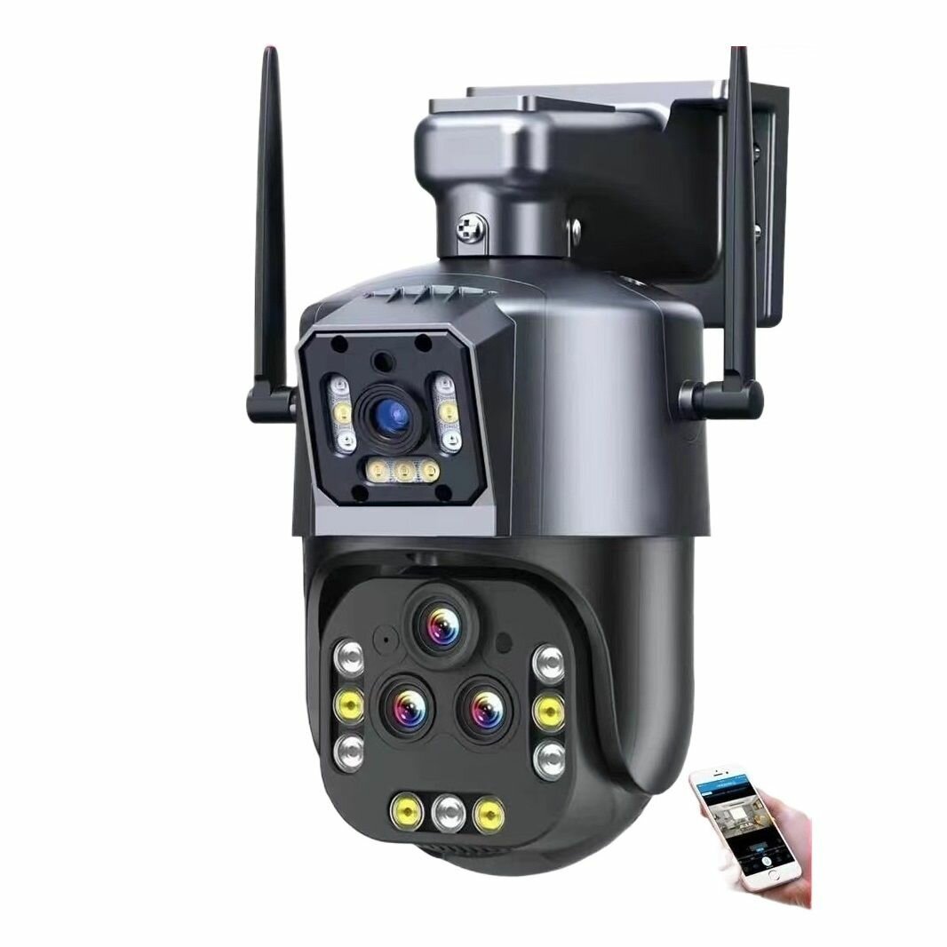 Солнечная камера наблюдения, 4 объектива, 8K, HD, WiFi, IP, PTZ, 20x Zoom, обнаружение движения