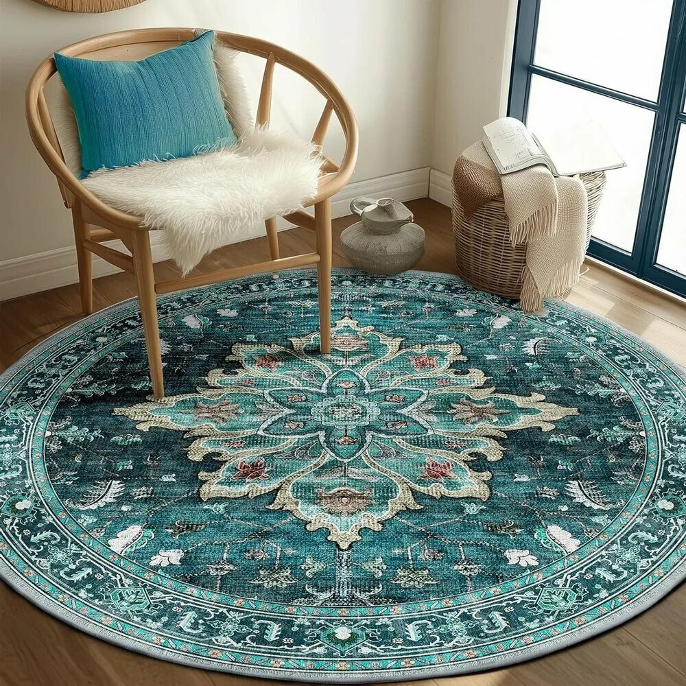 ZARA HOME Ковер Имитация кашемирового богемного геометрического ковра, моющийся и нескользящий, высота ворса 7 мм, цветочный принт в стиле ретро, подходит для гостиной, спальни, столовой, симпатичный. 120x120 см