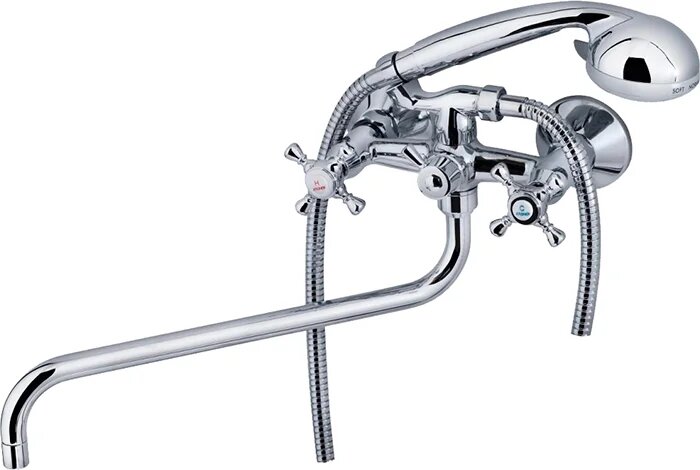 Смеситель с длинным изливом для ванны Kaiser Grace 11070SH с душевым гарнитуром, поворотный, латунный, хром, глянцевый, смеситель для ванны с душем, вентильный