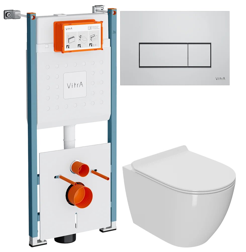 Комплект 3 в 1 Унитаз подвесной Bauedge Bau Ceramics / Инсталляция VitrA V-Fix Core 732-5800-01PV / Кнопка Root Square 740-2380 цвет хром