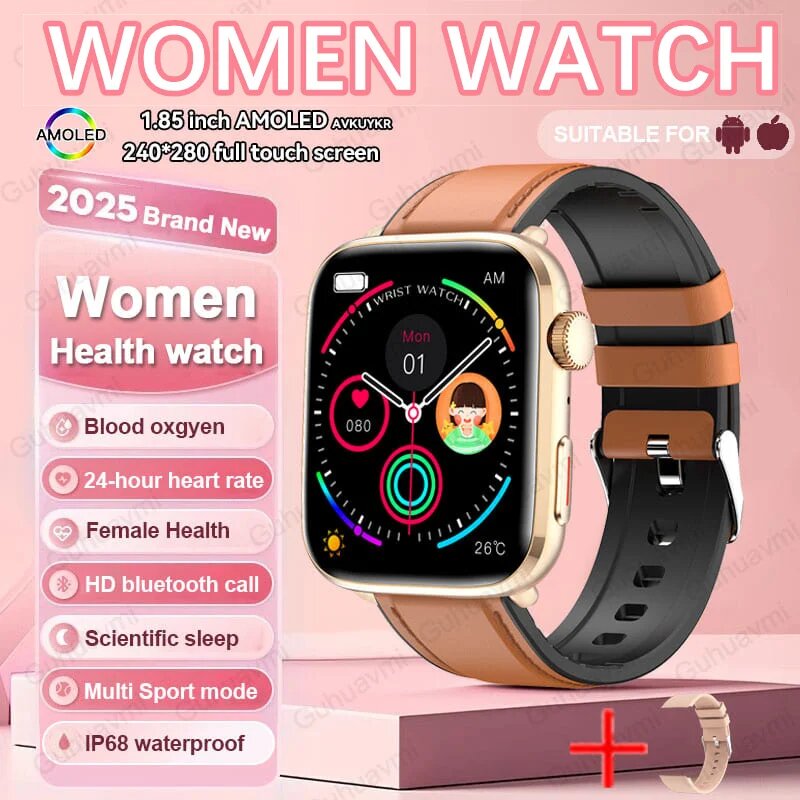 Женские умные часы с AMOLED экраном, Gold Leather