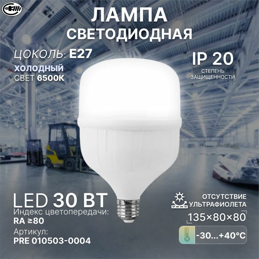 Лампочка светодиодная, мощная, Т-30 вт, промышленная. Лампа с/д PRE T-30W LED 6K E27