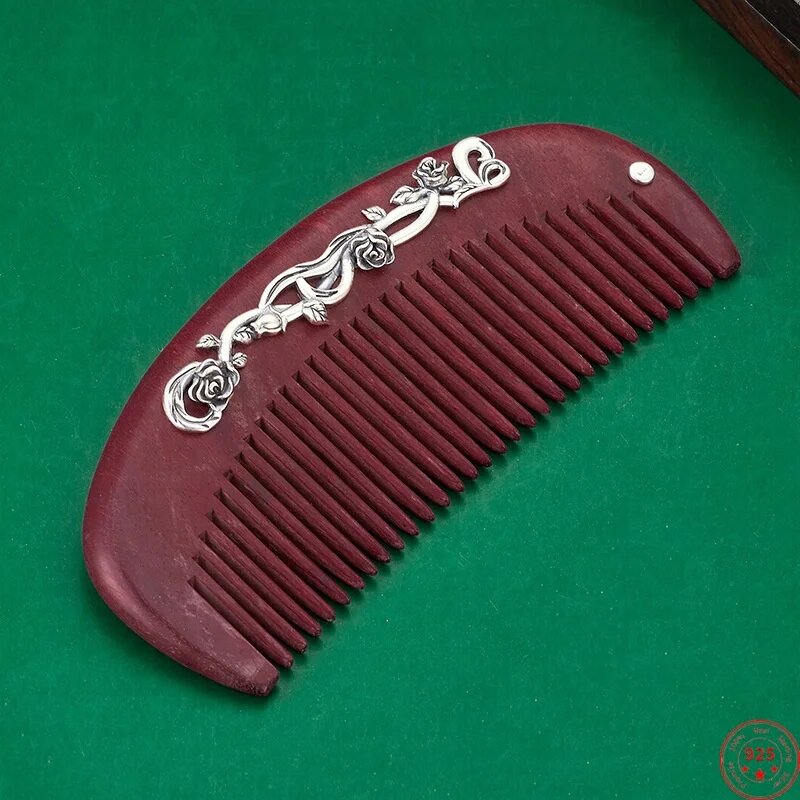 Расческа из сандалового дерева S925 стерлингового серебра для женщин с длинными волосами Серебристая Антистатическая расческа для волос в стиле ретро Роза оптовая продажа ювелирных изделий
