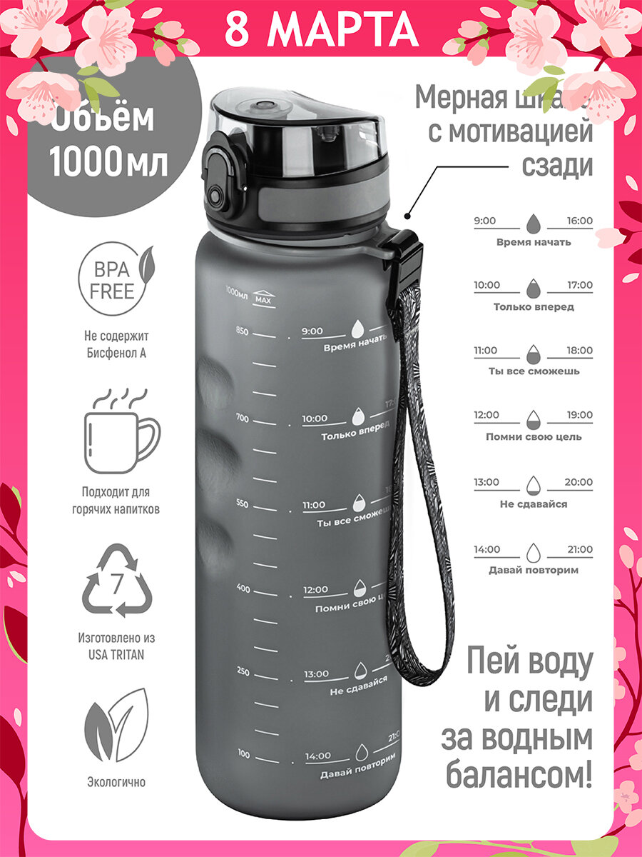 Бутылка для воды спортивная, для холодных и горячих напитков 1000 мл Elan Gallery Style Matte серая, мотивационная