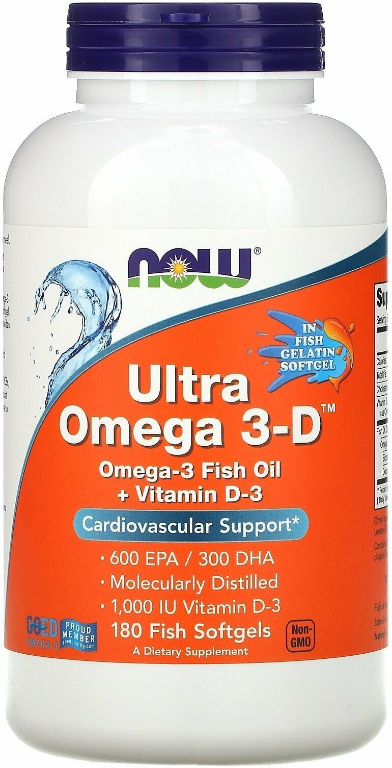 Ультра Омега 3 + Витамин Д3, Ultra Omega 3-D, Now Foods, 180 капсул