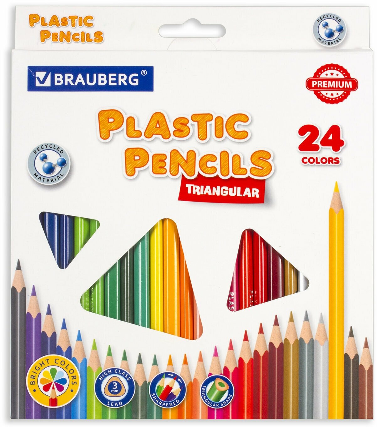 Карандаши цветные Brauberg пластиковые, Premium, 24 цвета, трехгранные, грифель мягкий, 3 мм (181663)
