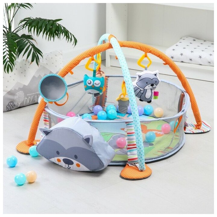 Крошка Я Развивающий коврик - манеж Крошка Я «Енот», 3 в 1, 68х68 см, 30 цветных шариков, 5 игрушек