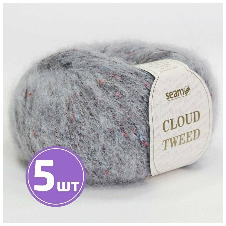 Пряжа полушерсть SEAM Сим Сеам плюшевая Cloud Tweed тонкая, альпака/вискоза/полиамид, цвет 84194 серый с голубым отливом меланж 5 шт. по 50 г, 150 м