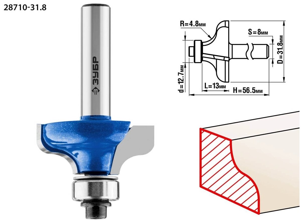 ЗУБР 31,8x14мм, радиус 4.8мм, фреза кромочная калевочная №8