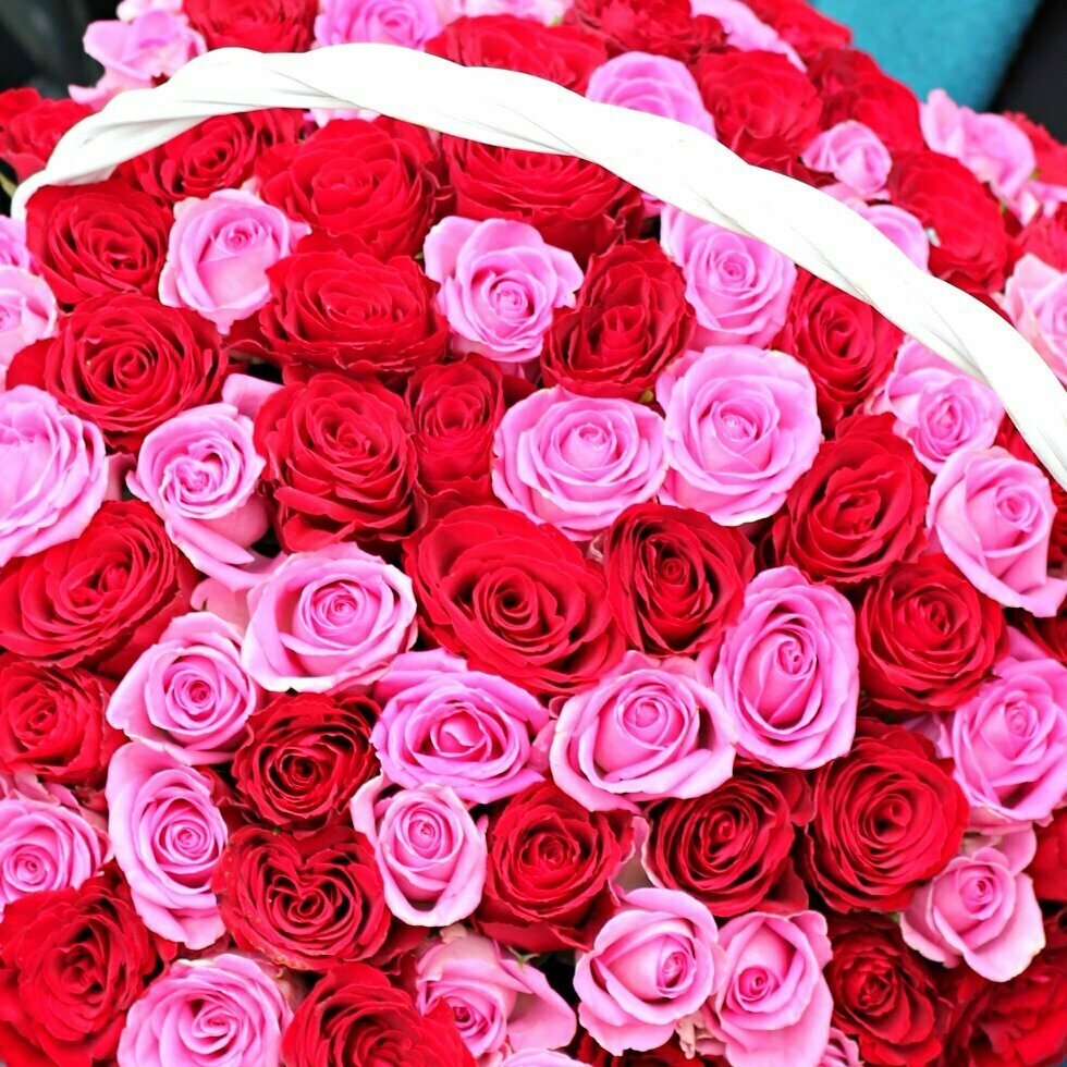 Композиция микс монохром в корзине из 85 розовых и красных роз. Для близких с любовью.