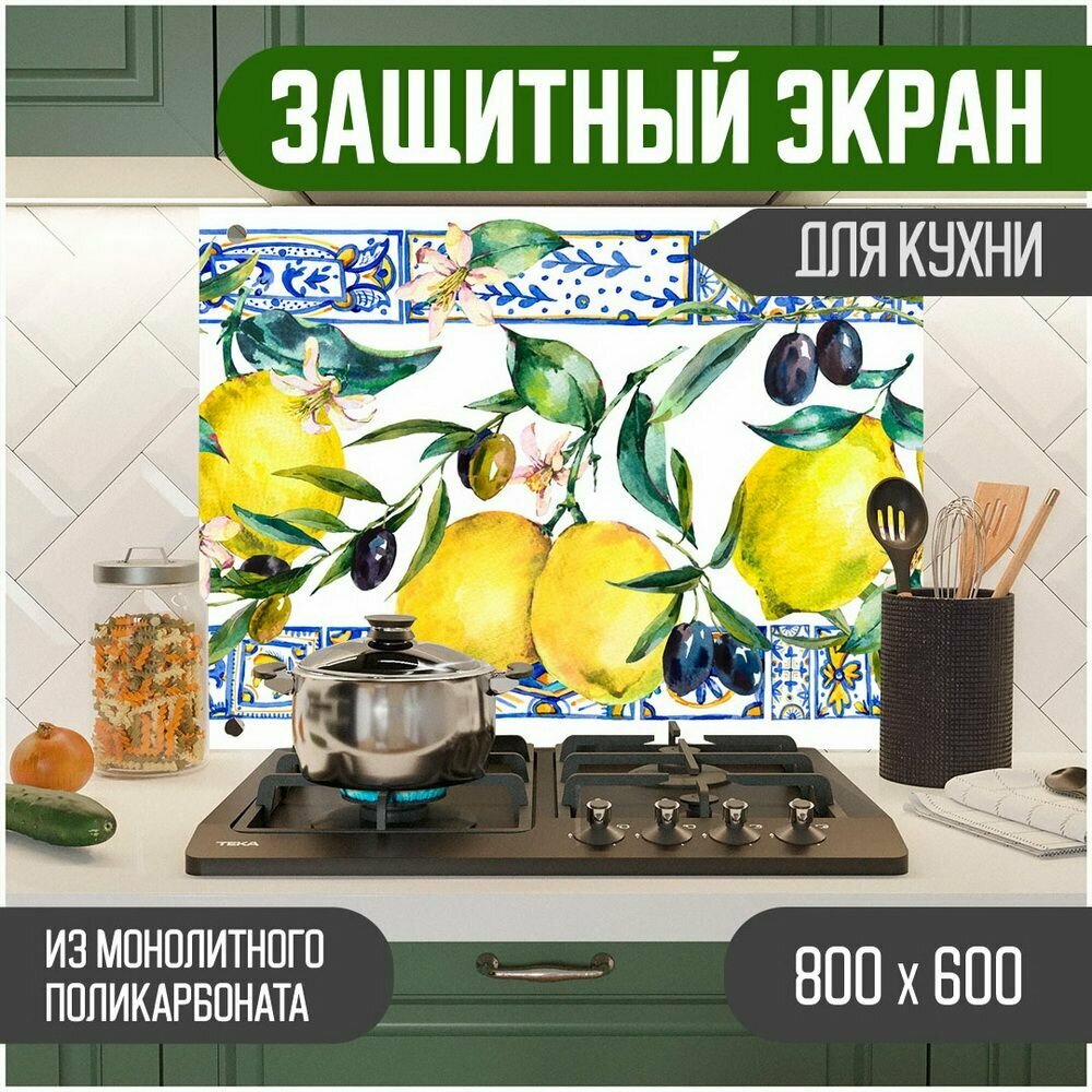 Фартук для кухни, Защитный экран из акрилового стекла (поликарбонат) на кухонный фартук в зону мойки и плиты с фотопечатью. Панель на стену с рисунком Лимоны 800 х 600 х 3 мм, 800-028