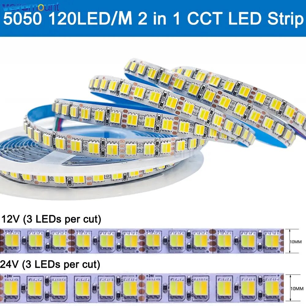 Светодиодная лента 5м 5050 120LED/M 2in1 CCT 12V IP20